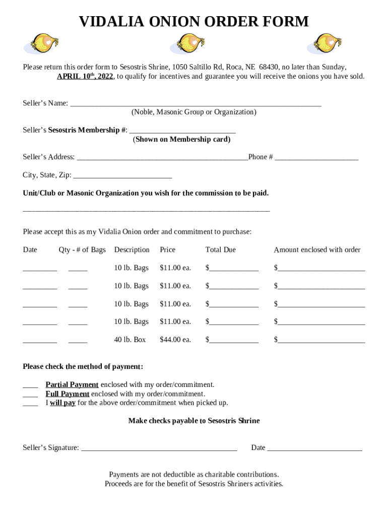 VIDALIA ONION ORDER Doc Template | pdfFiller