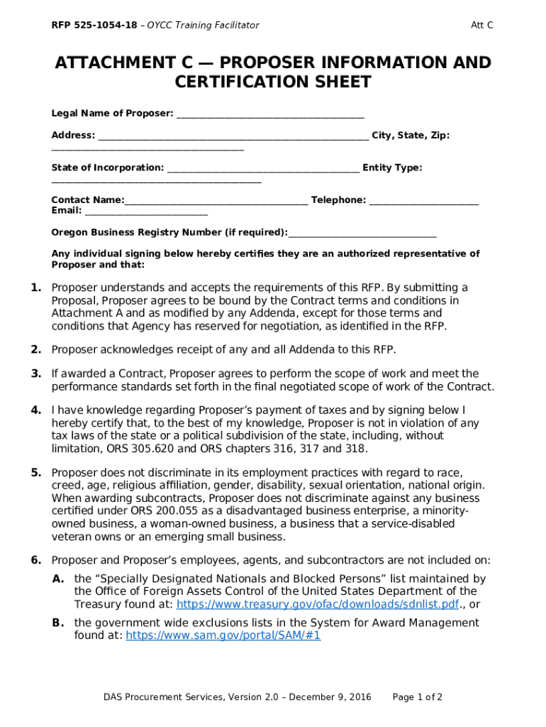 Proposer Certification Sheet - Attachment 2 Doc Template | pdfFiller