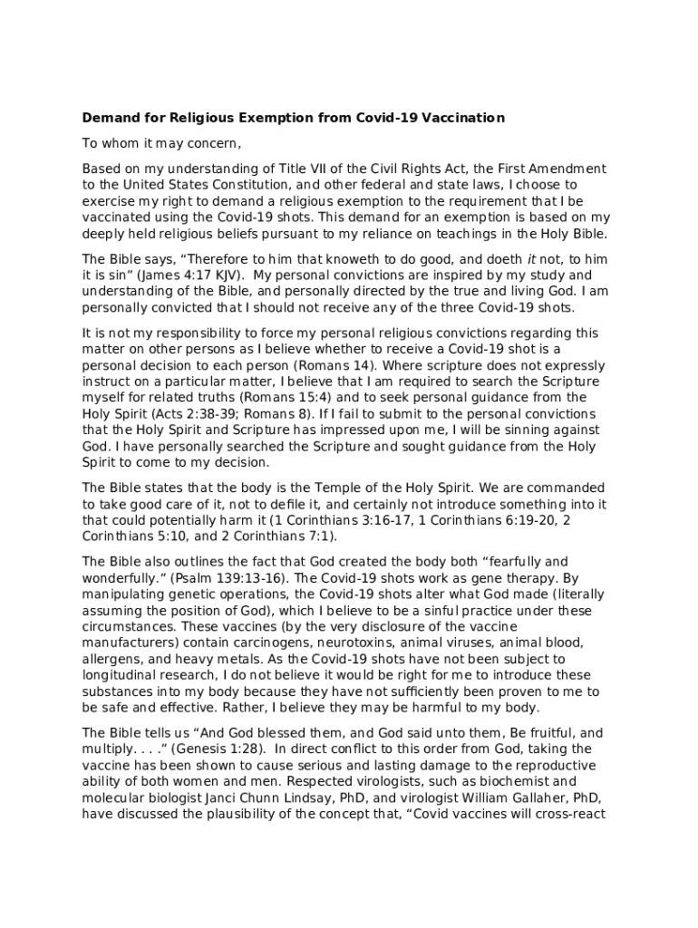 Demand for Religious Exemption from Covid-19 Vaccination Doc Template ...