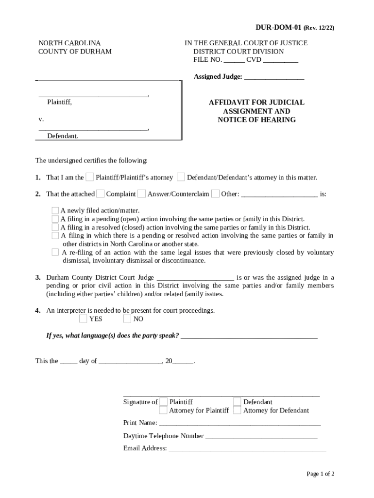 Affidavit Of Judicial Assignment And Or Notice Of Hearing 2 Doc Template | pdfFiller