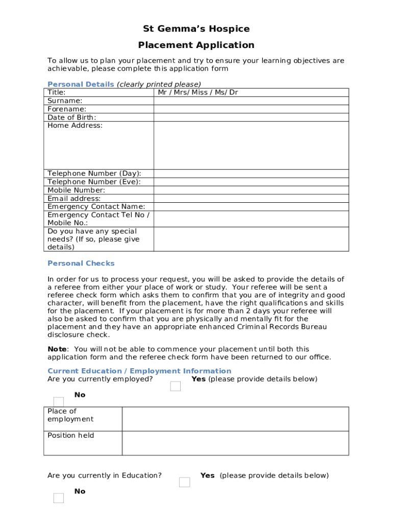 St Gemma's Hospice Placement Application Doc Template | pdfFiller