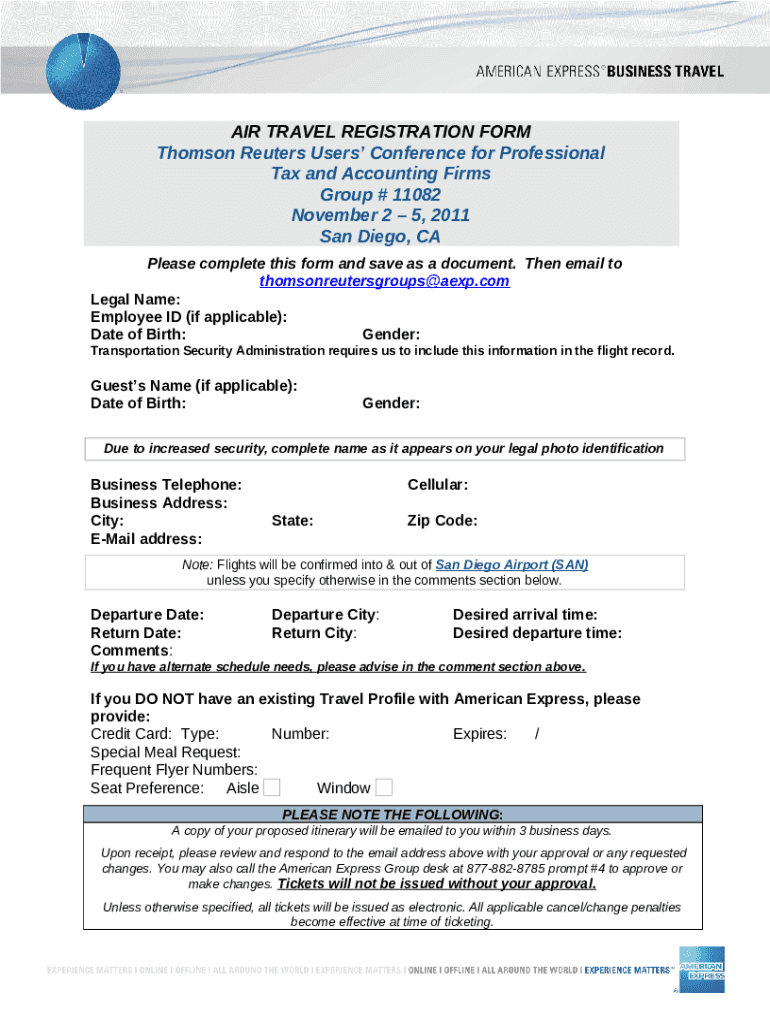 THOMSON AIR TRAVEL REGISTRATION Doc Template | pdfFiller