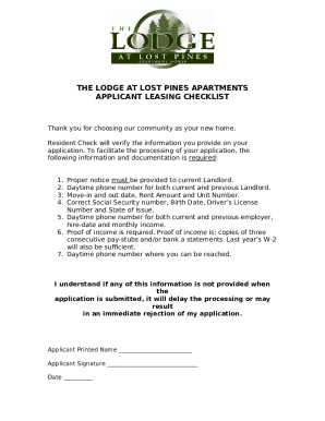APPLICANT LEASING CHECKLIST Doc Template | pdfFiller