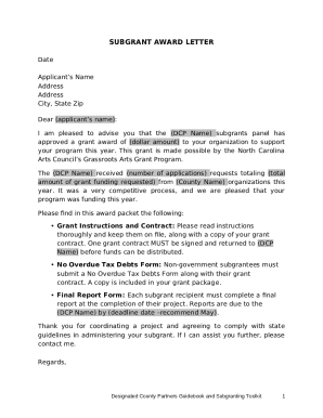 SUBGRANT AWARD LETTER Doc Template Doc Template | pdfFiller
