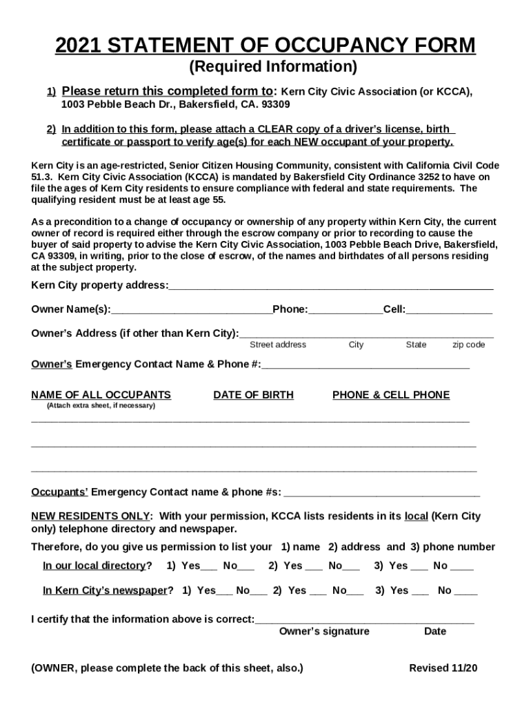 2021 STATEMENT OF OCCUPANCY (Required ... Doc Template | pdfFiller