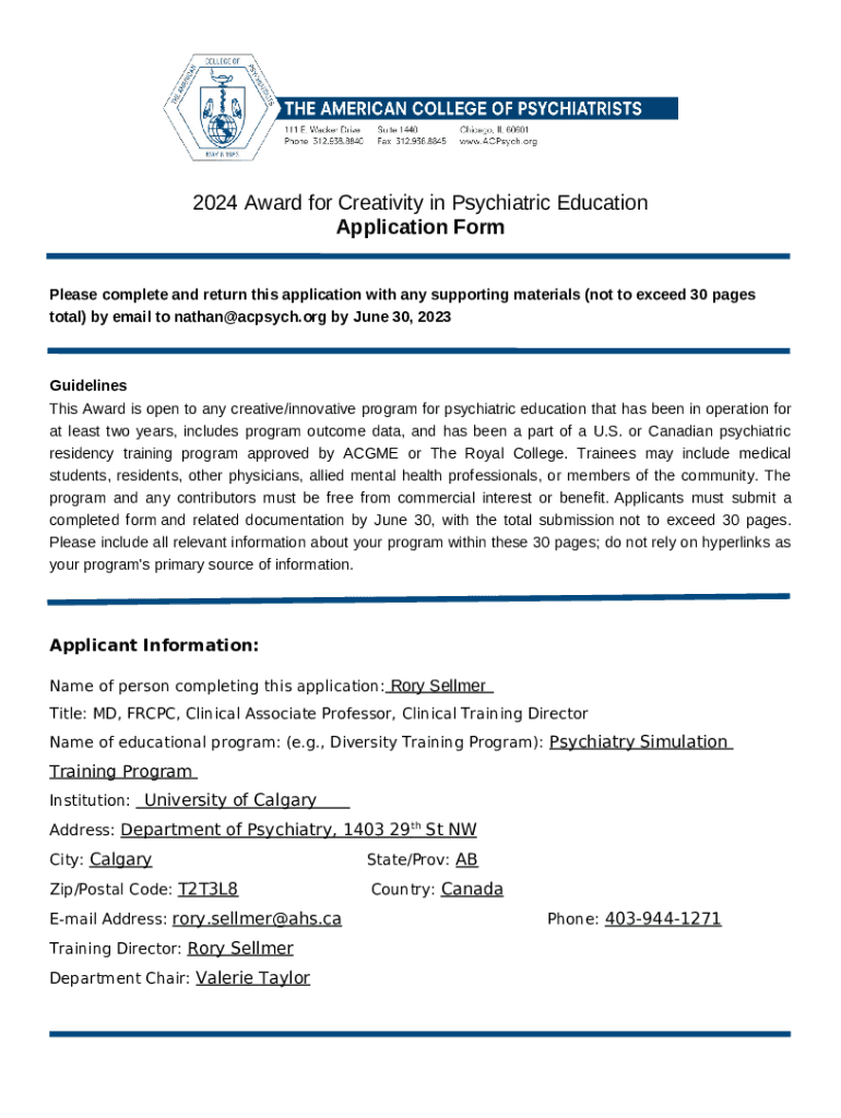 The Award for Creativity in Psychiatric Education Doc Template | pdfFiller