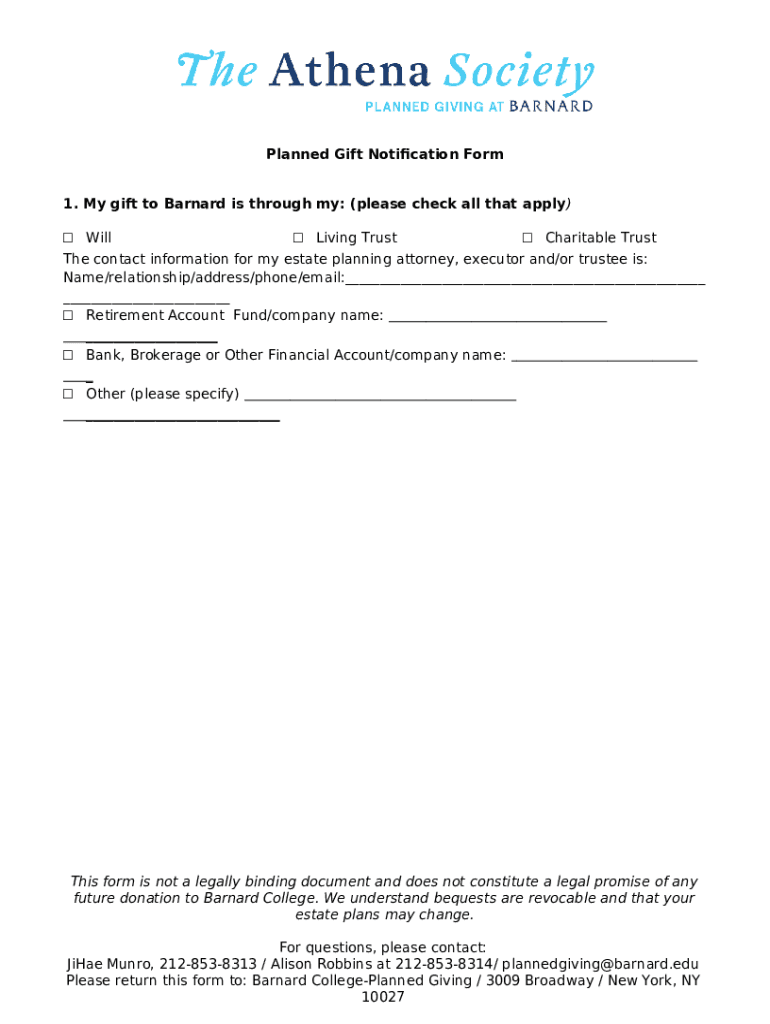 Planned Gift Notification Doc Template | pdfFiller