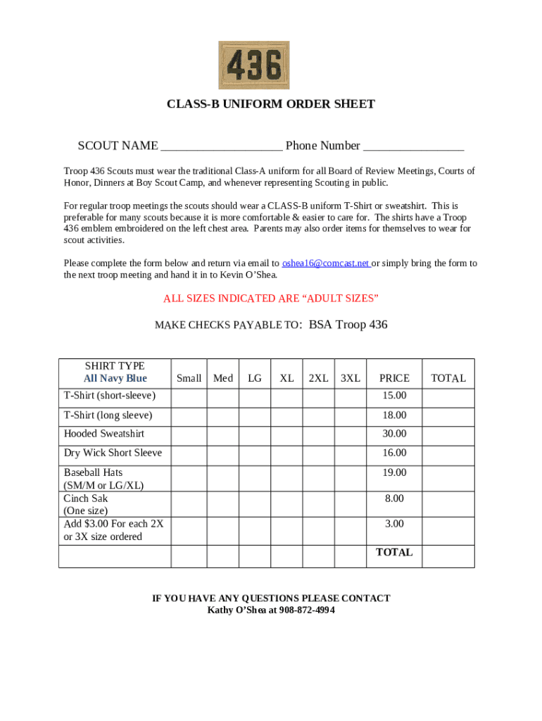 class-b uni order sheet - Boy Scout Troop 436 Doc Template | pdfFiller