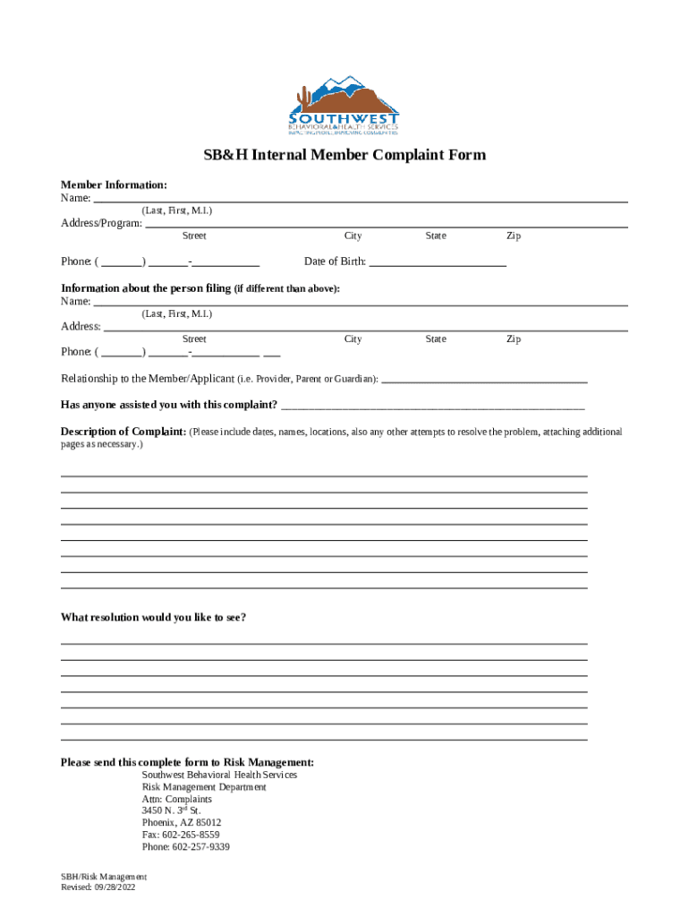 SB&H Internal Member Complaint Doc Template | pdfFiller
