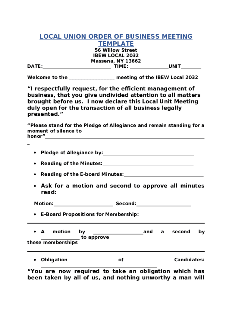 local union order of business meeting template Doc Template | pdfFiller