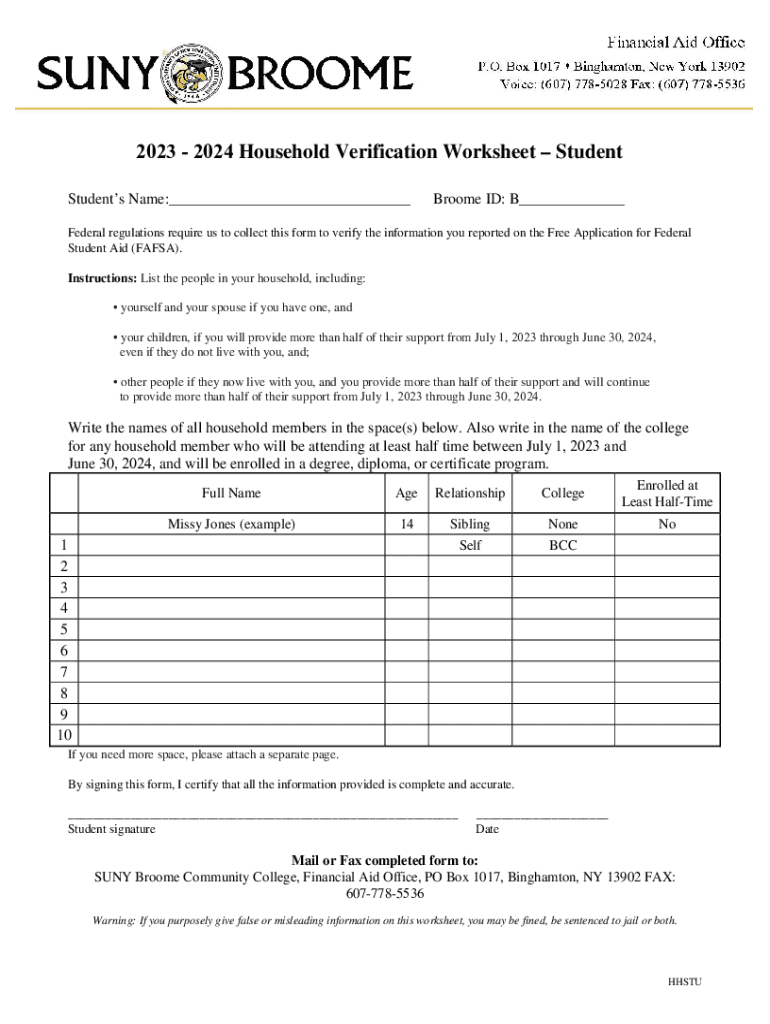 Fillable Online www2 sunybroome 2023 - 2024 Household Verification Worksheet Student Fax Email ...