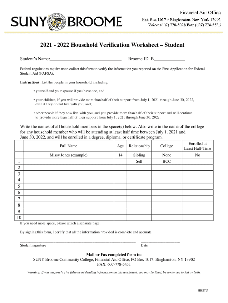 Fillable Online www2 sunybroome 2021-2022 Household Verification Worksheet - Student Fax Email ...