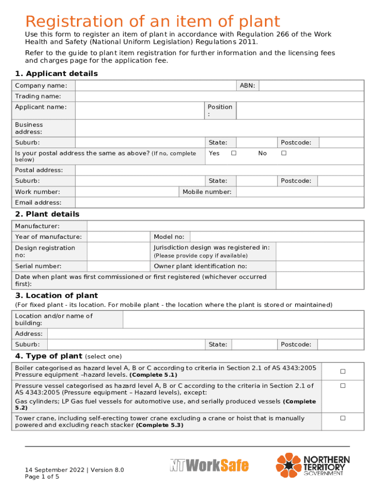 Registration of an item of plant - NT WorkSafe Doc Template | pdfFiller
