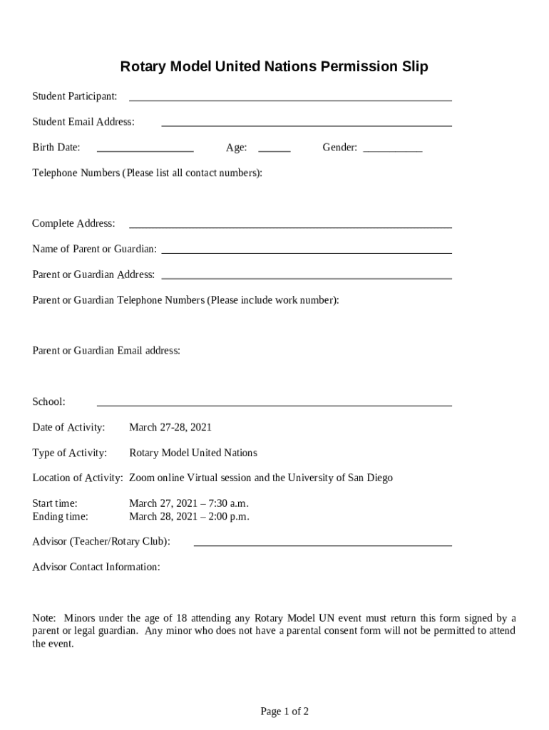 Rotary Model United Nations Permission Slip Doc Template | pdfFiller