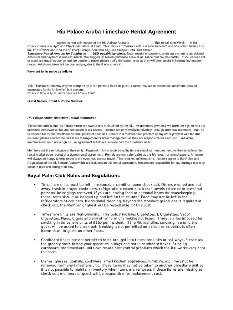 Riu Palace Aruba Timeshare Rental Ination Sample Clauses Doc Template | pdfFiller