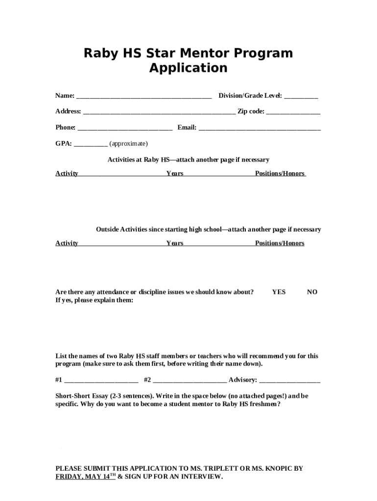 Raby HS Star Mentor Program Application Doc Template | pdfFiller