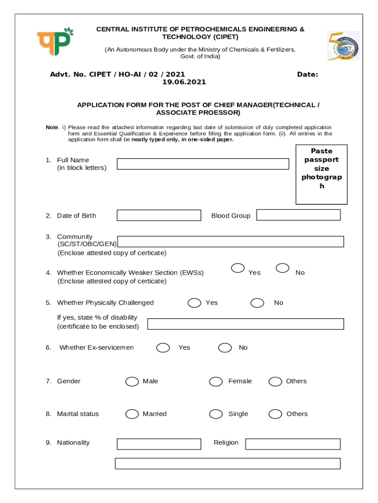 Application for Chief Manager(Technical / ... Doc Template | pdfFiller