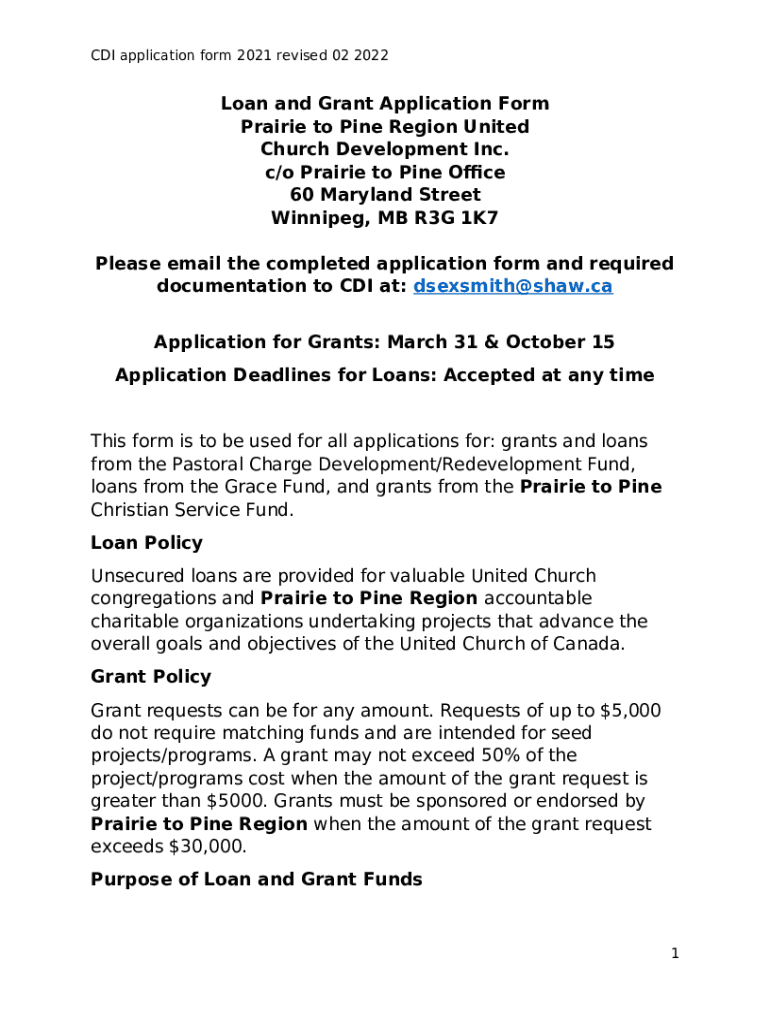 Church Development Inc. (CDI) Loan and Grant Application Doc Template | pdfFiller
