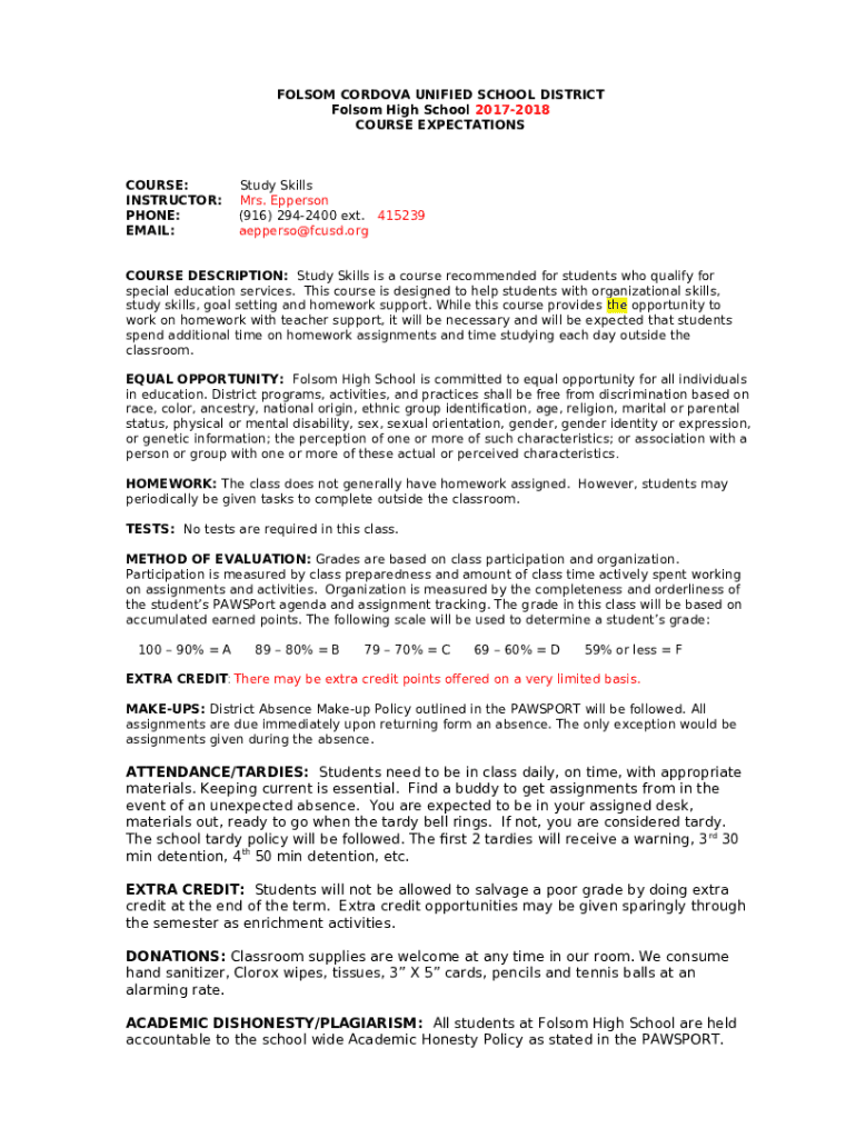 Folsom High School Course Expectations- ... Doc Template | pdfFiller