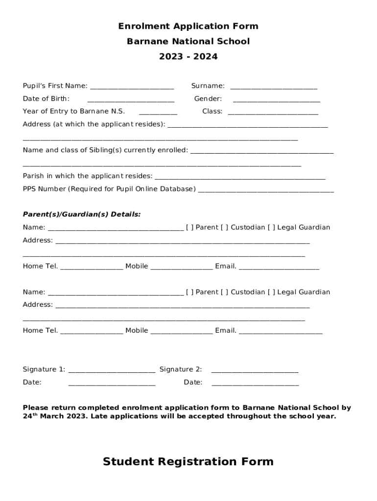 Enrolment Application Barnane National School 2023 Doc Template | pdfFiller
