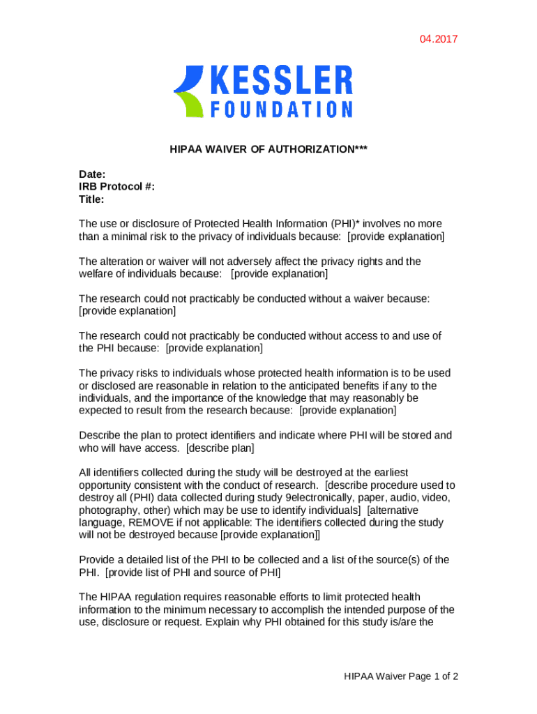 HIPAA Waiver of Authorization for Recruitment Doc Template | pdfFiller