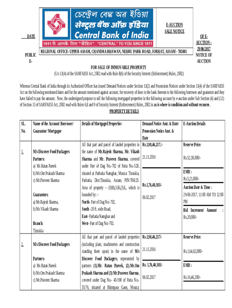 E-Auction Sale Notice for Sale of immovable property Doc Template ...
