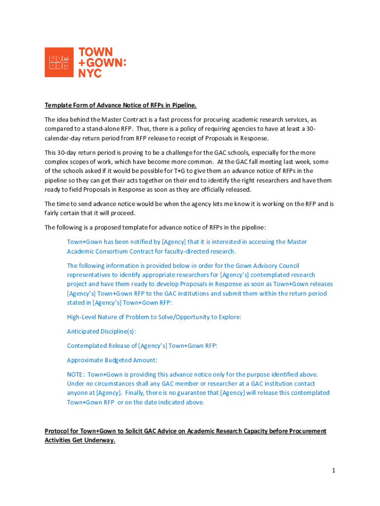 Fillable Online 1 Template Form of Advance Notice of RFPs in Pipeline. ... Fax Email Print ...