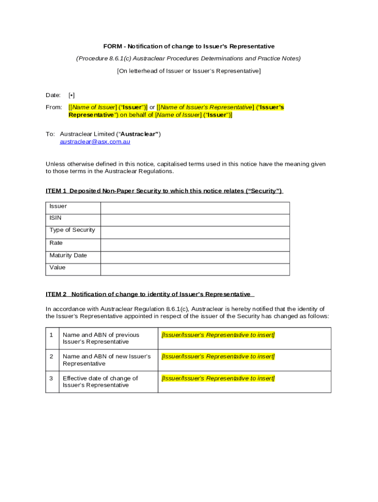 Notification of Change to Issuer's Representative ( ... Doc Template | pdfFiller