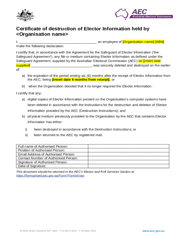 Certificate of destruction for periodic extracts Doc Template | pdfFiller