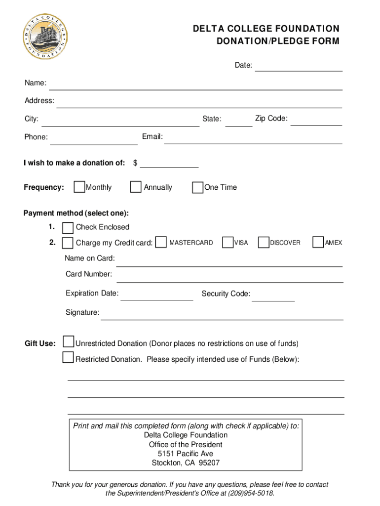 Fillable Online DELTA COLLEGE FOUNDATION DONATION/PLEDGE FORM Fax Email ...