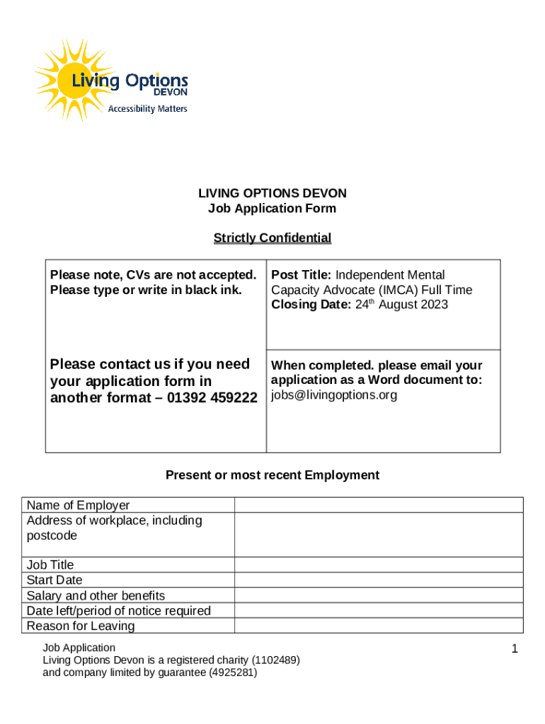 LIVING OPTIONS DEVON Job Application ... Doc Template | pdfFiller