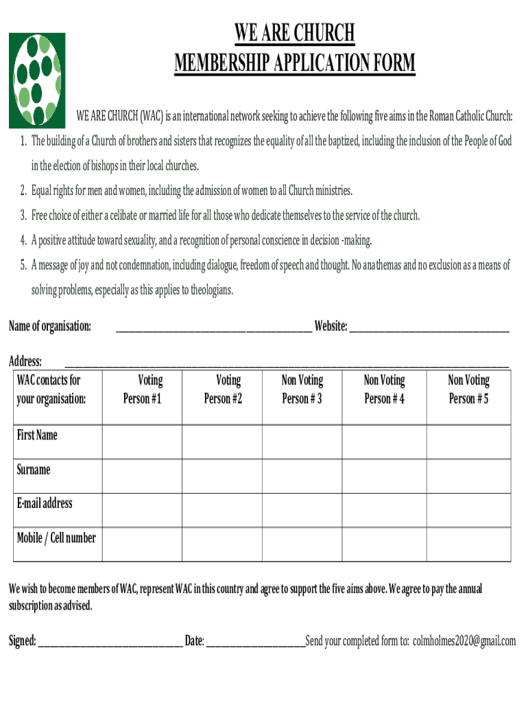 Fillable Online WE ARE CHURCH MEMBERSHIP APPLICATION FORM Fax Email ...