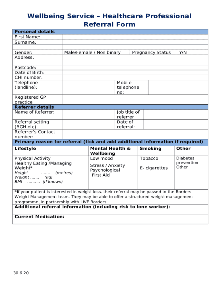 Wellbeing ServiceHealthcare Professional Referral Doc Template | pdfFiller