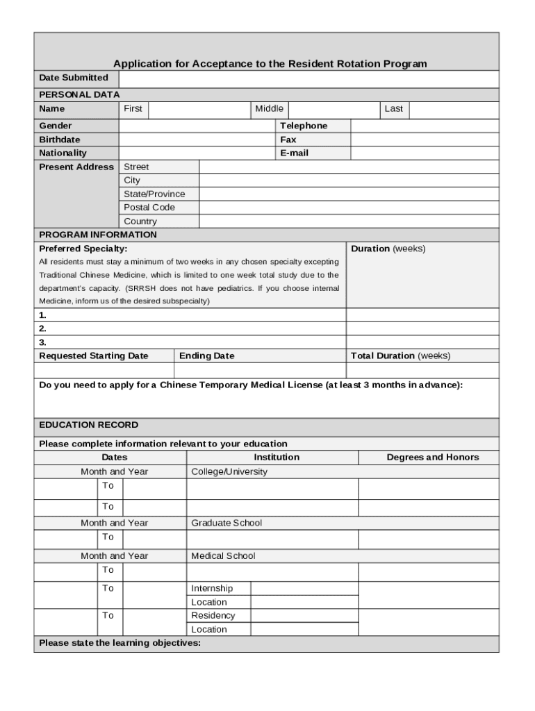 Application for Acceptance to the Foreign Medical Elective/Resident Rotation Program Doc ...