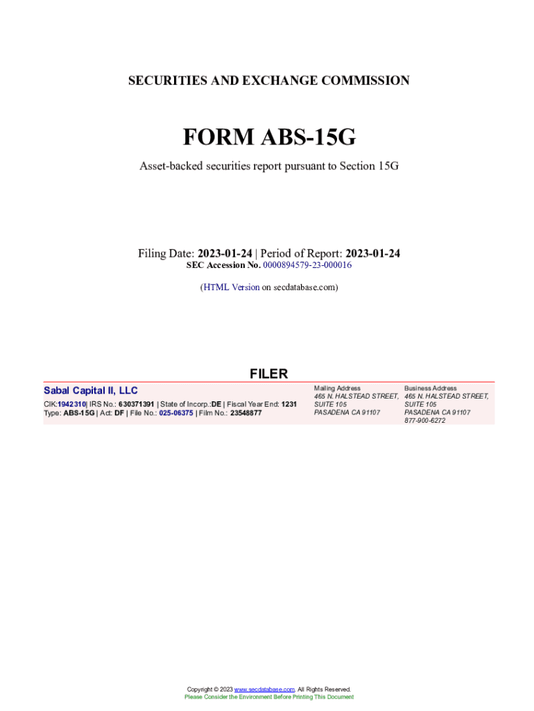 Fillable Online Sabal Capital II, LLC Form ABS-15G Filed 2023-01-24 ...