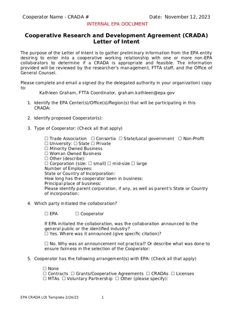 CRADA Letter of Intentfrom EPA Delegated Authority to Doc Template ...