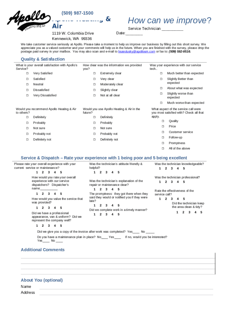 Survey of customer service. Apollo Heating & Air Doc Template | pdfFiller