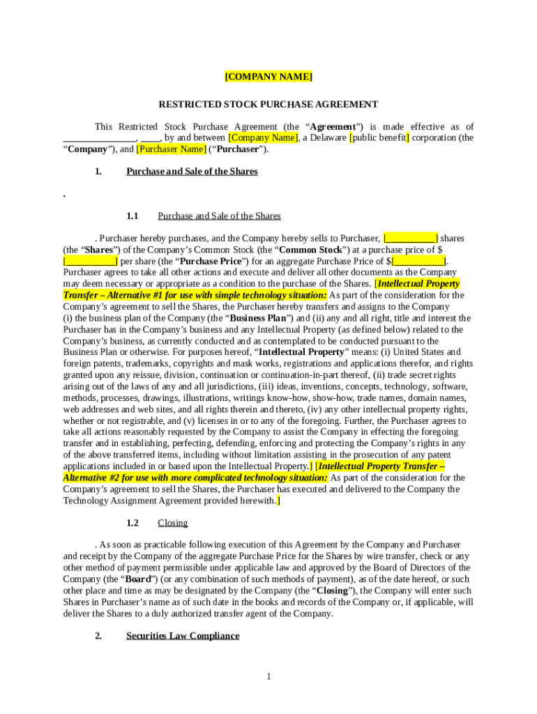 of Employee Restricted Stock Agreement Doc Template | pdfFiller