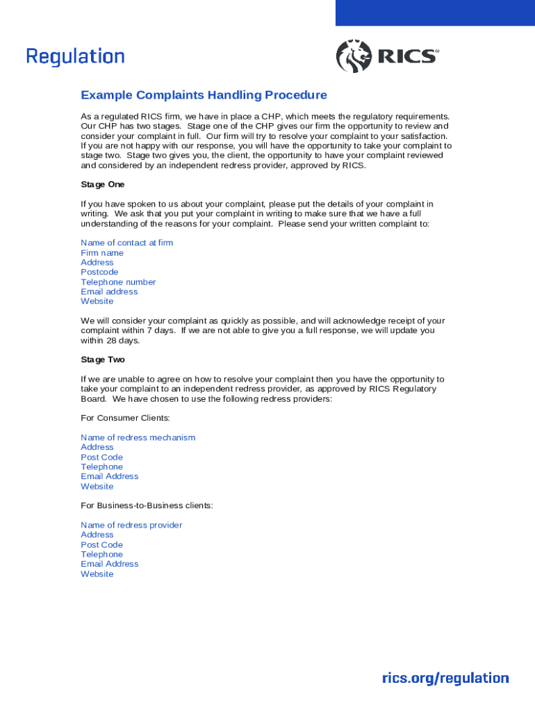 As a regulated RICS firm, we have in place a Complaints ... Doc Template | pdfFiller