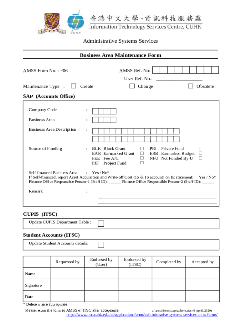 Business Area Maintenance - CUHK ITSC Doc Template | pdfFiller