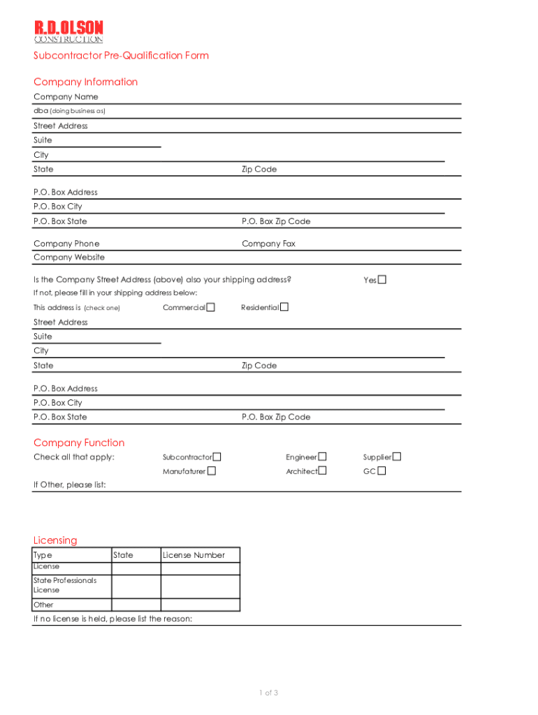 Fillable Online Subcontractor Prequalification Form - Fill Online ...