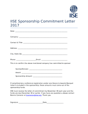 Individual Sponsorship Letter of Commitment Doc Template | pdfFiller