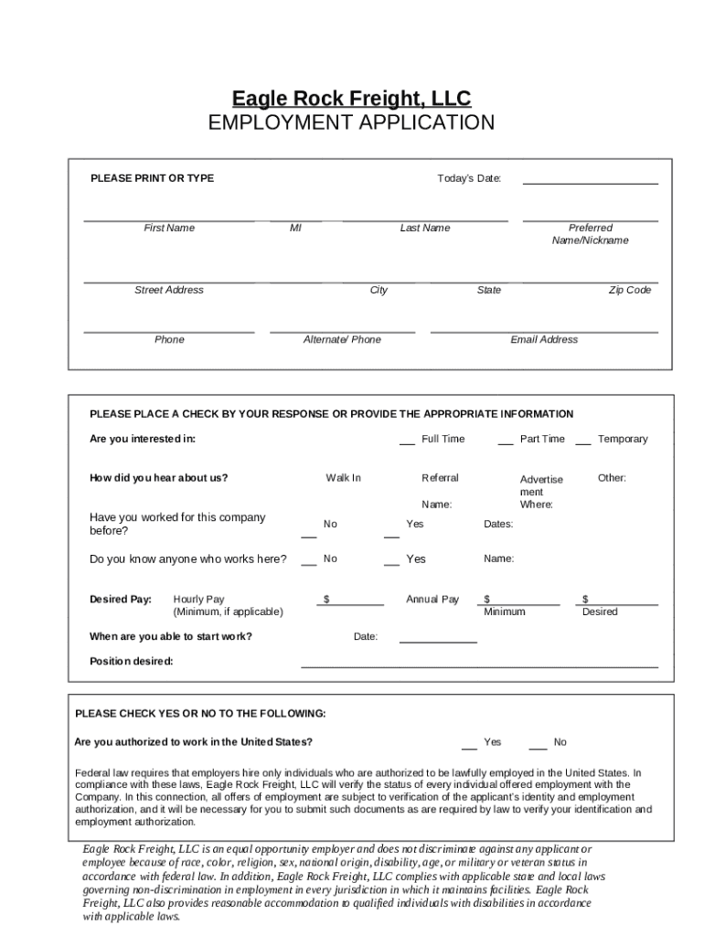 EMPLOYMENT APPLICATION - Eagle Rock Freight Doc Template | pdfFiller