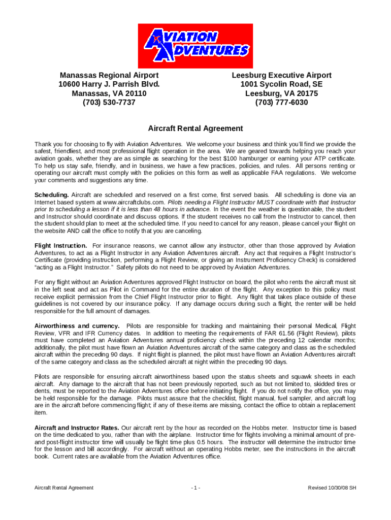 Aviation Adventures Rental Agreement - JYO Doc Template | pdfFiller