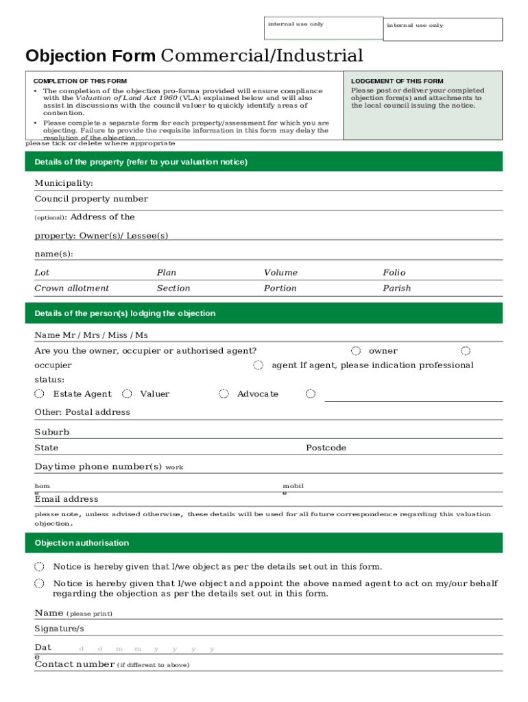 Commercial Industrial Objection Form - Blank Fillable Template | Fill ...