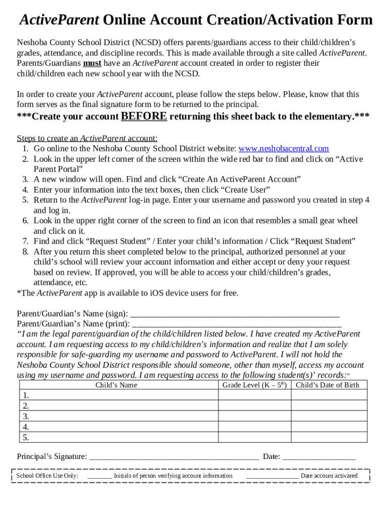 ActiveParent Online Account Creation/Activation Doc Template | pdfFiller