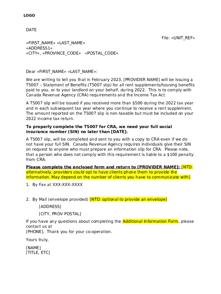 T5007 Statement of Benefits Doc Template | pdfFiller