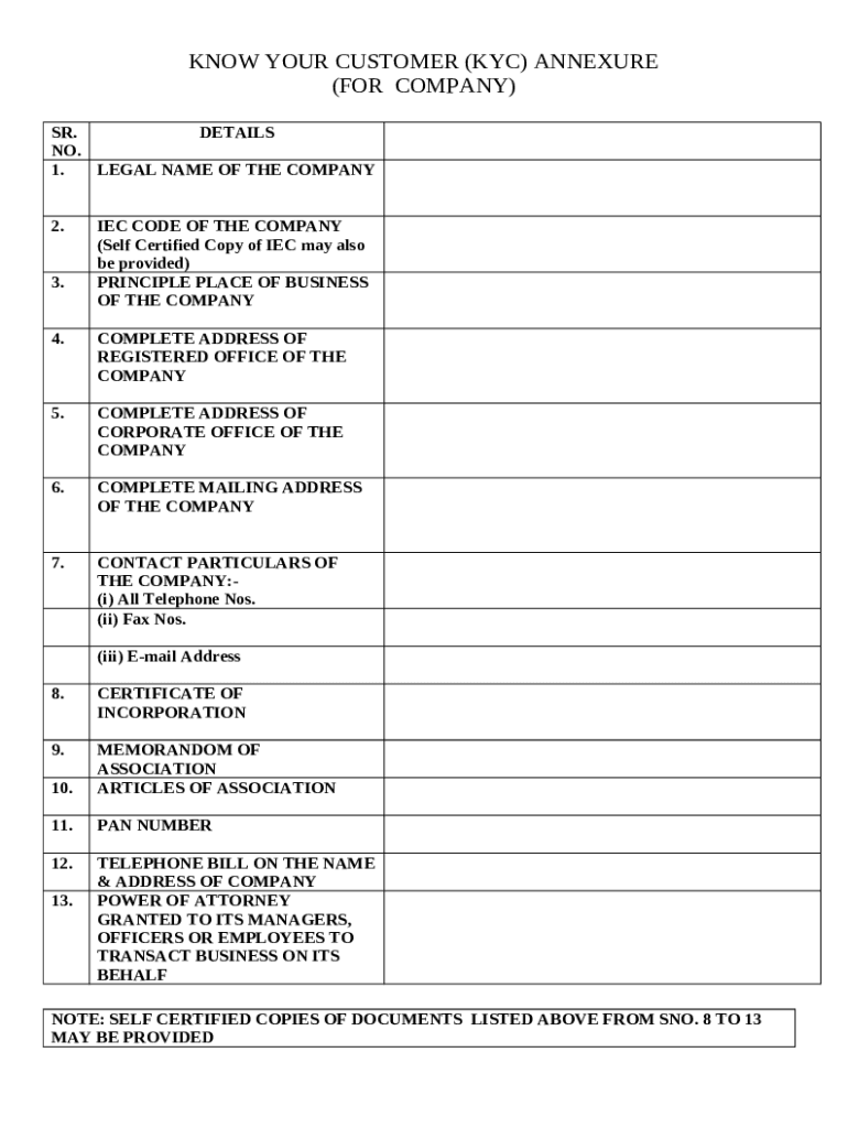 KNOW YOUR CUSTOMER (KYC) ANNEXURE - jaykayfreighters Doc Template | pdfFiller