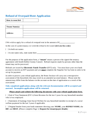 Refund of overpaid rent Application Doc Template | pdfFiller