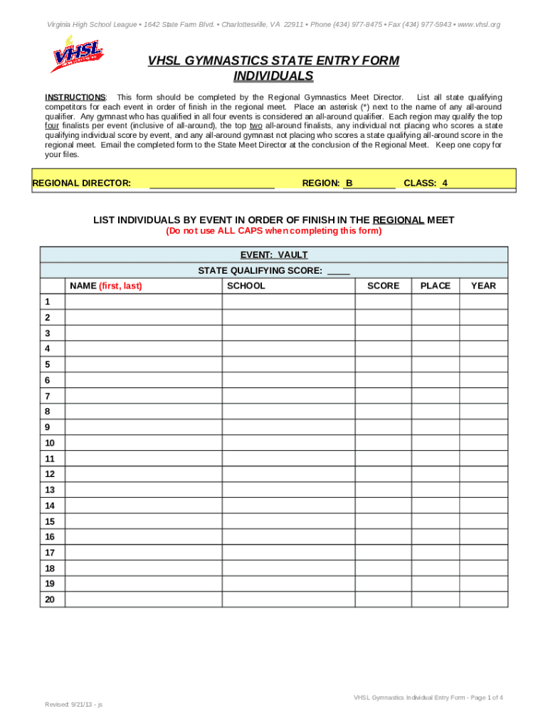 vhsl gymnastics state entry individuals Doc Template | pdfFiller